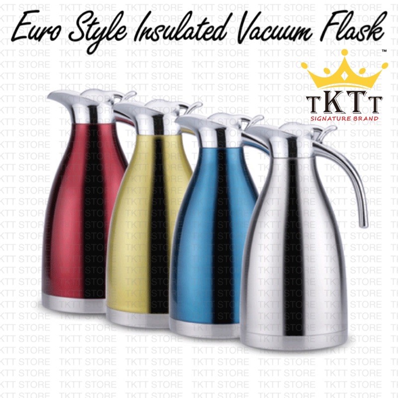 TKTT 2 Litres Euro Style Insulated Thermal Flask Stainless Steel Vacuum ...