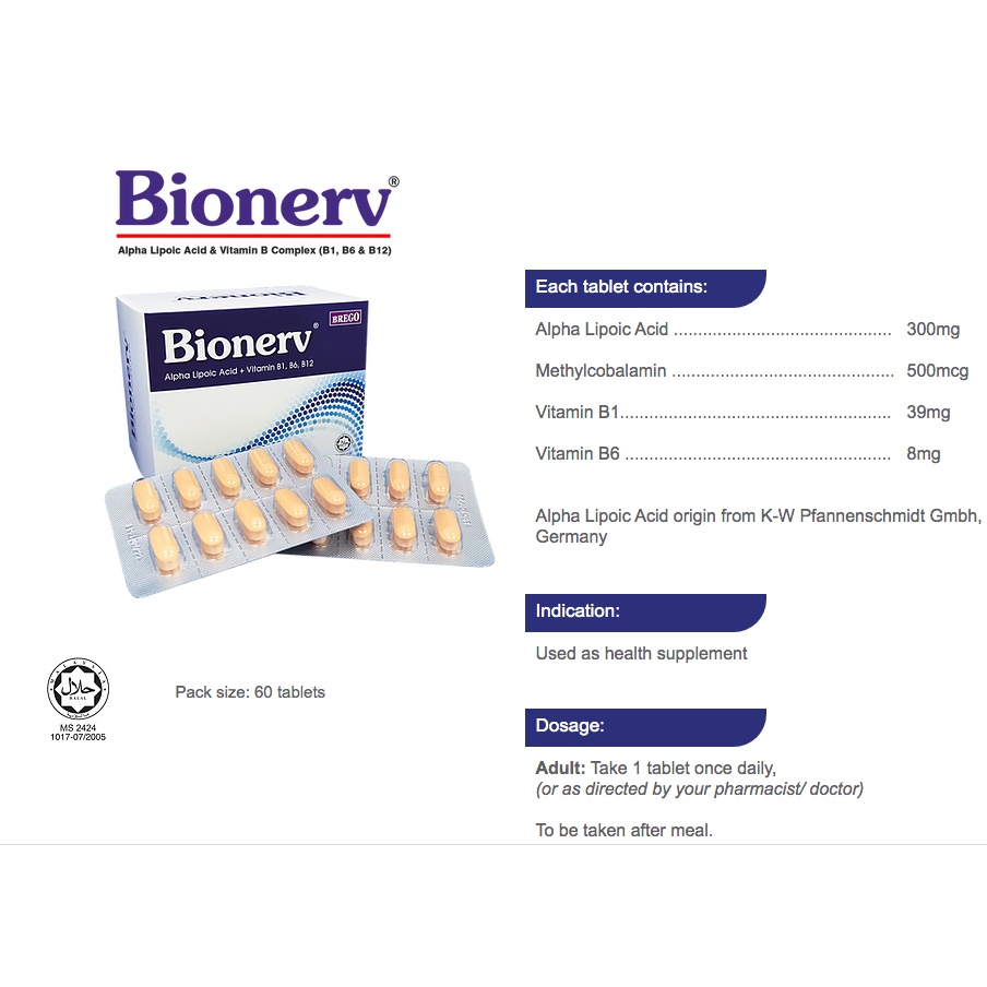 (New) BIONERV Tablets Alpha Lipoic Acid (ALA) + Vitamin B Complex) (60 ...