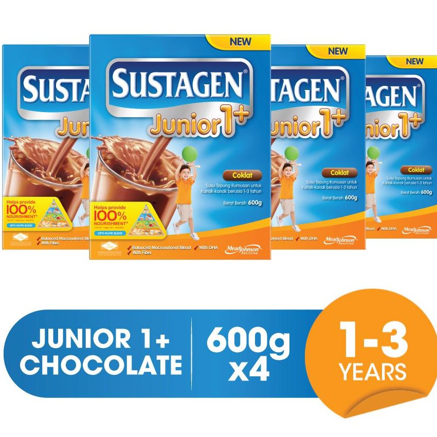 Susu Sustagen Junior 1+ Chocolate (600g x 4) Milk Formula Powder Susu Formula Susu Budak Susu ...