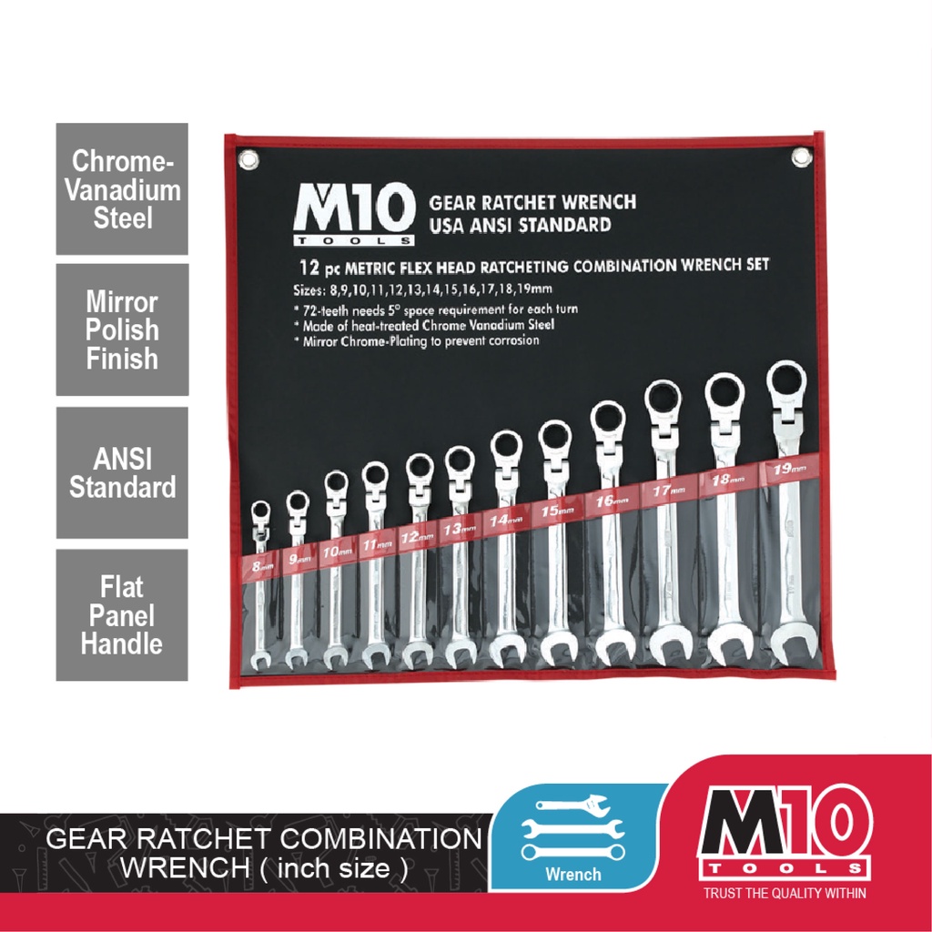 M10 Gear Ratchet Flex Combination Wrench Set - 10 / 12 Pcs | Shopee ...