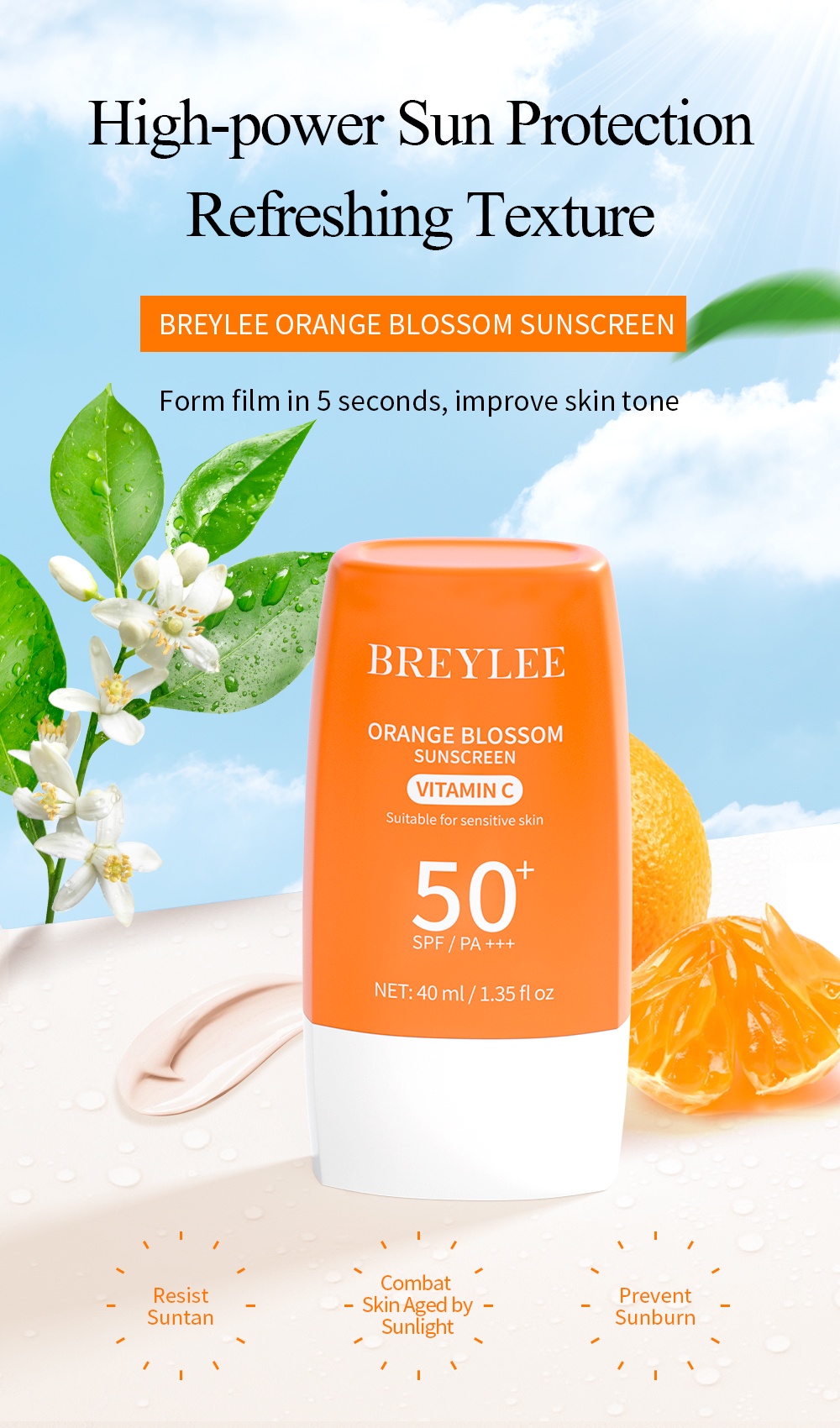 BREYLEE Orange Blossom Sunscreen SPF50+++ Vitamin C Refreshing Texture ...