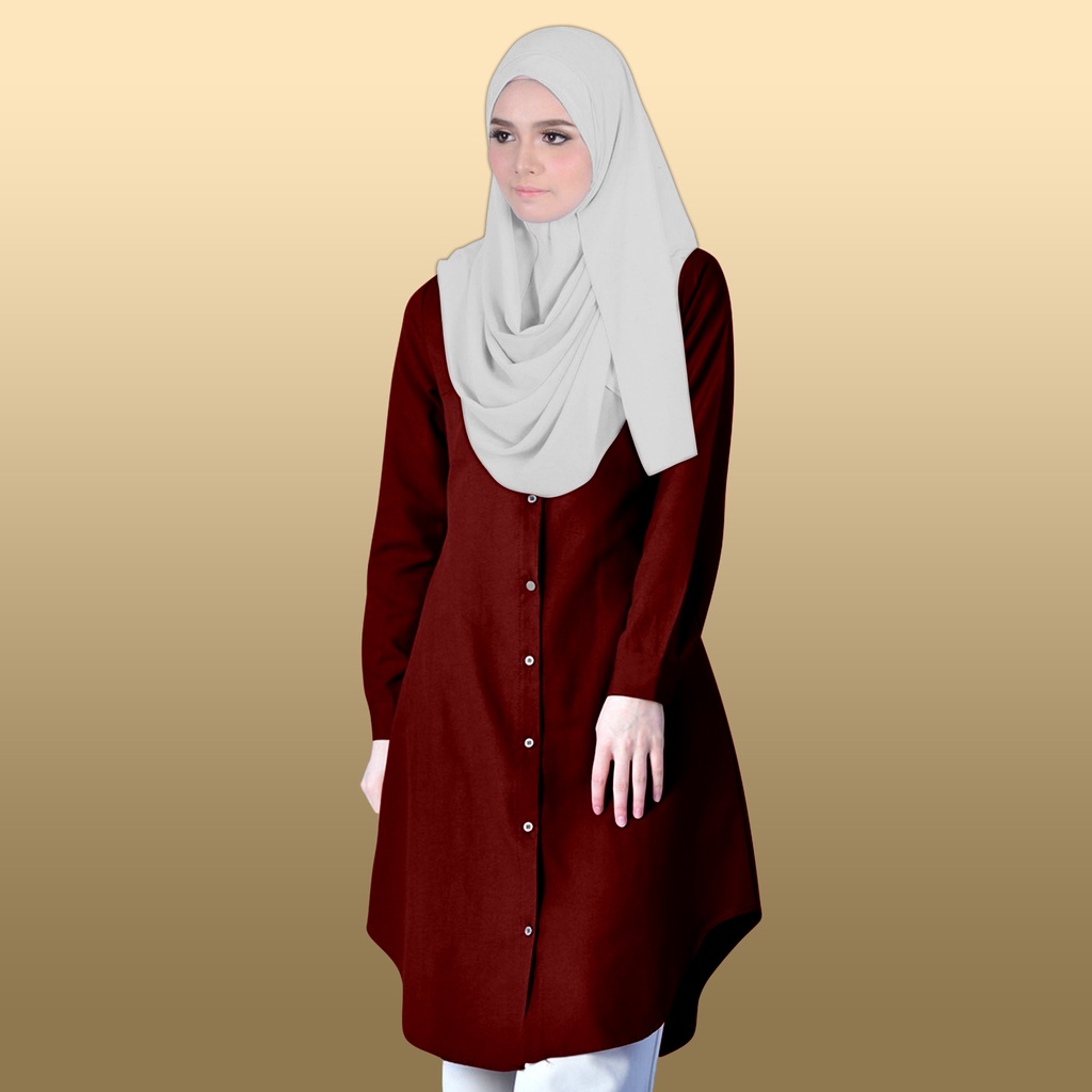 Muslimah Front Button Plain Fashion Long Sleeve Blouse Top Baju Wanita ...