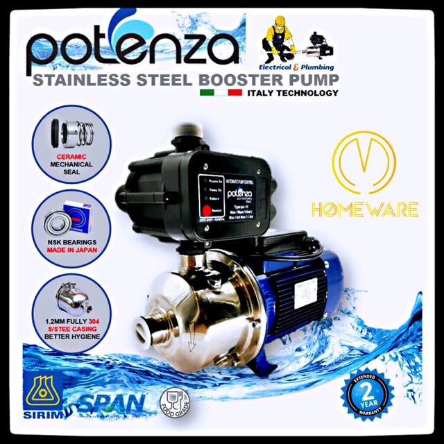POTENZA PSW2-40P (0.75HP) Home Water Pump Booster S/Steel Pump ...