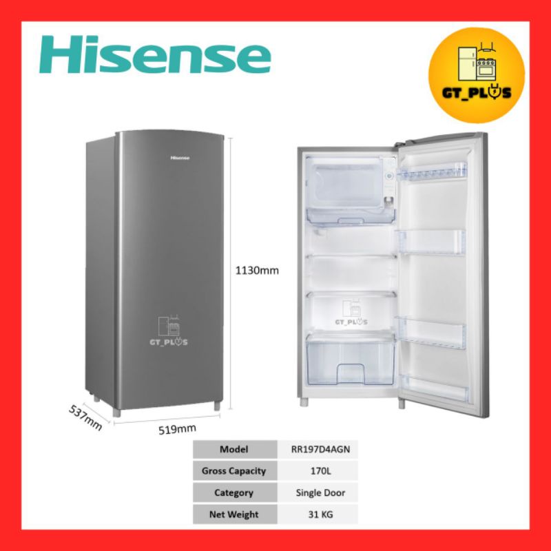 Hisense RR197D4AGN 170L Fridge Single Door Fridge / Refrigerator / Peti ...