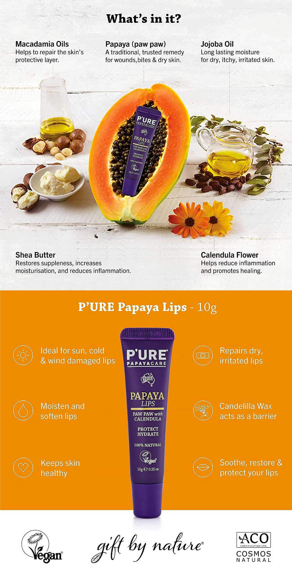 P’URE Papayacare Papaya Lips (Paw Paw with Calendula) 木瓜护唇膏金盏花爪子 10g ...