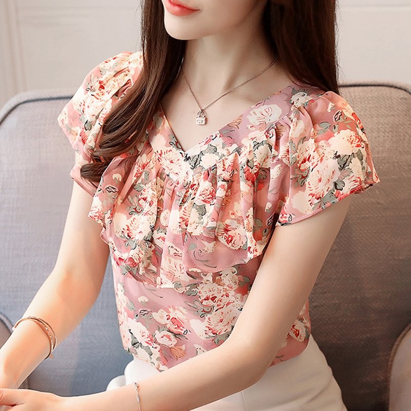 Women Tops Blouses Ruffle Chiffon Blouse Women Summer Plus Size Shirt Floral Top Shopee Malaysia
