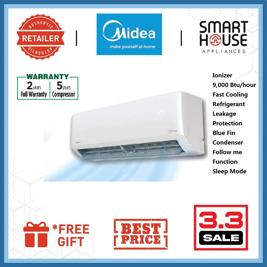 Midea MSAG-10CRN8 Air Conditioner XTreme Cool Series 1.0HP R32 Wall Non-Inverter with Ionizer ...
