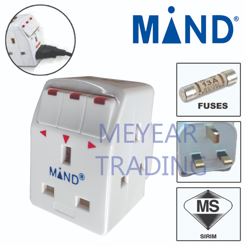 Mind Focus 13A 3-Way Multi Adapter 2 Pin Plug Extension Socket LED Neon ...
