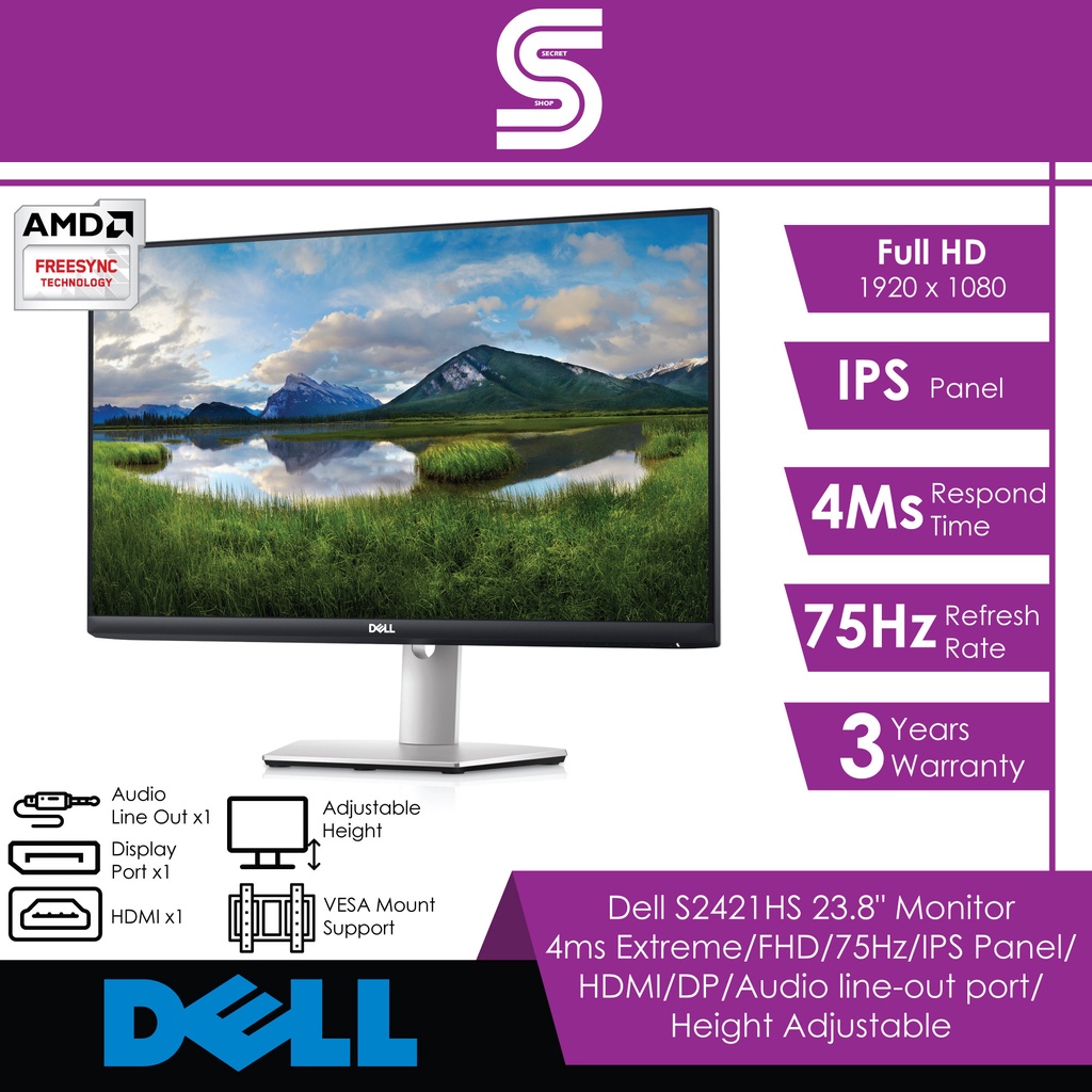 Dell S2421HS 23.8" Monitor - 4ms Extreme/FHD/75Hz/IPS Panel/HDMI/DP ...