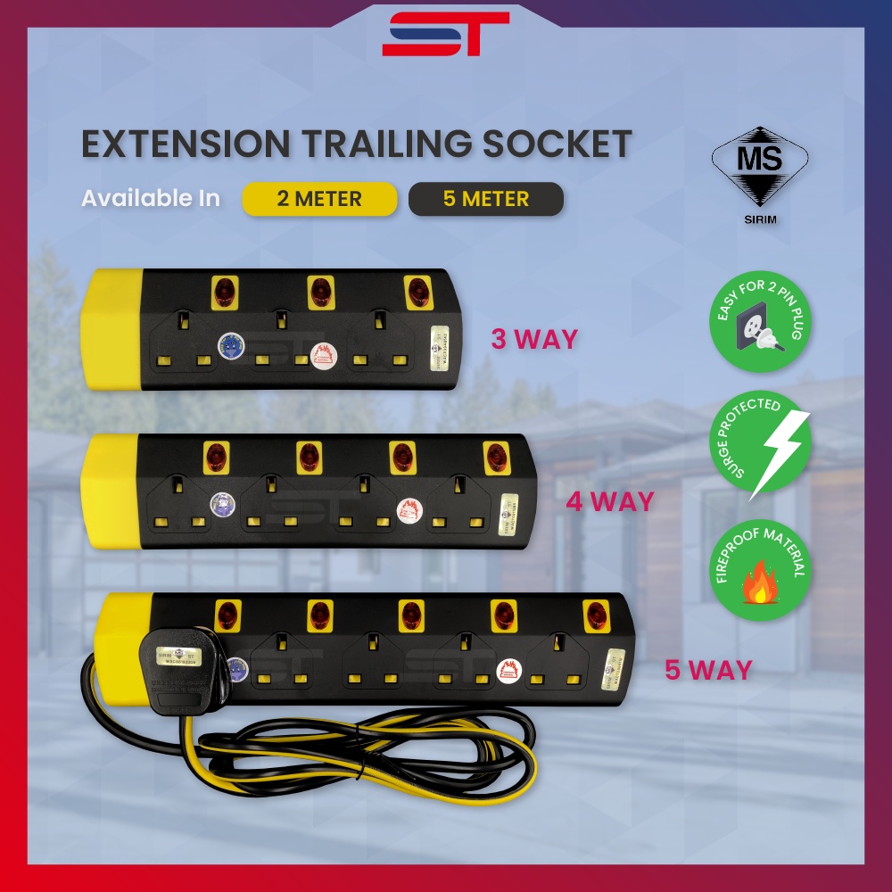 Sirim Approve 3 4 5 Way Surge Protector Extension Trailing Socket 2 5meter Extension Wire