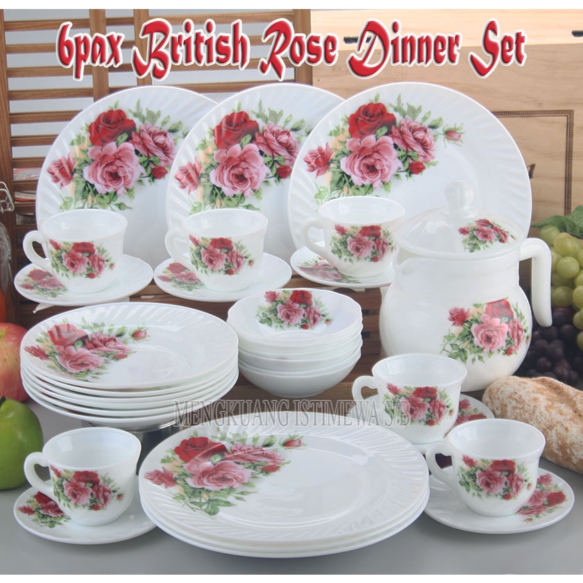 32pc 6 PAX Europal glass Vintage British Rose Dinner set SE32167 ...