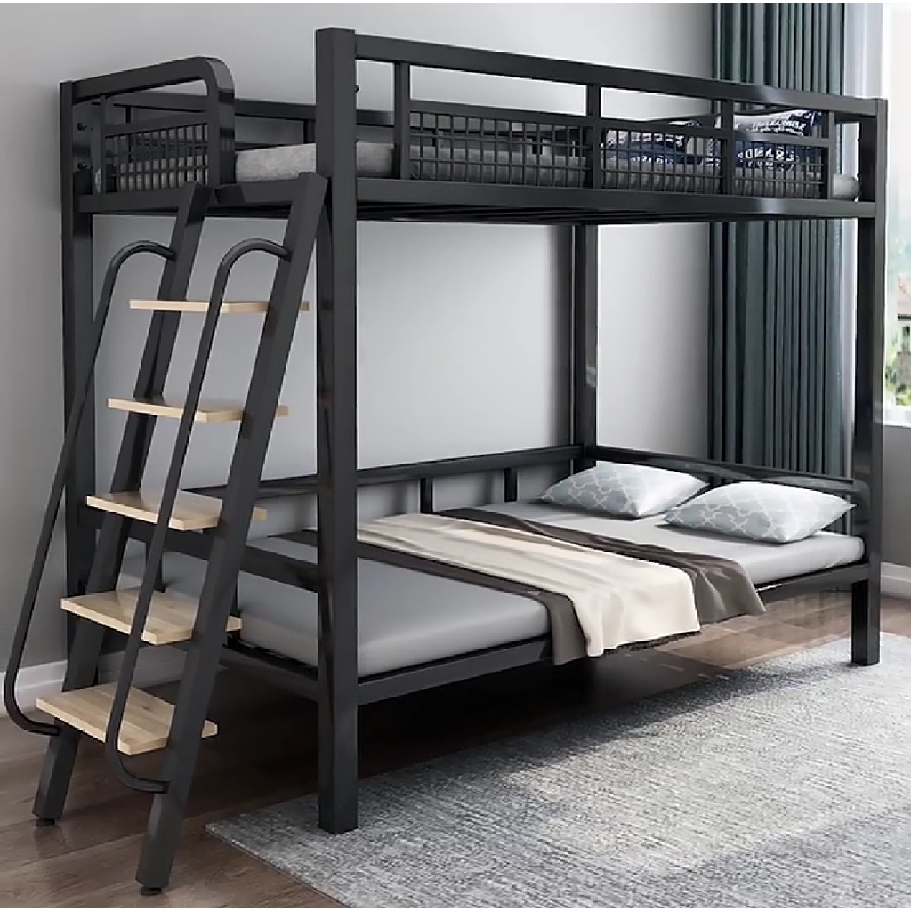 Double Decker Metal Bunk Bed Frame Adult Loft Bed Front Side Stair ...
