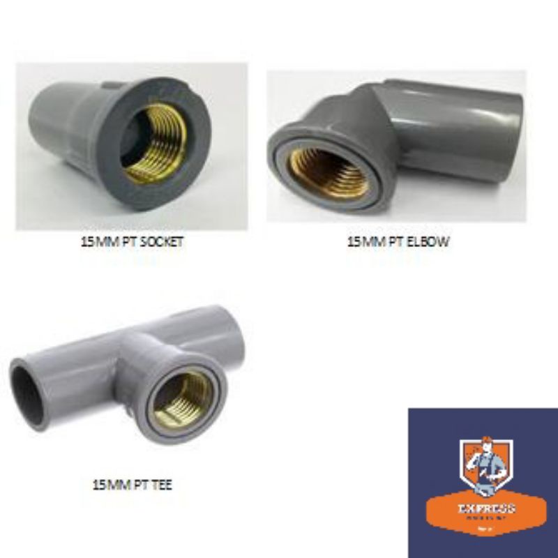 PVC Fitting PT Elbow, Socket & Tee (Brass Threaded)1/2" Penyambung Paip ...