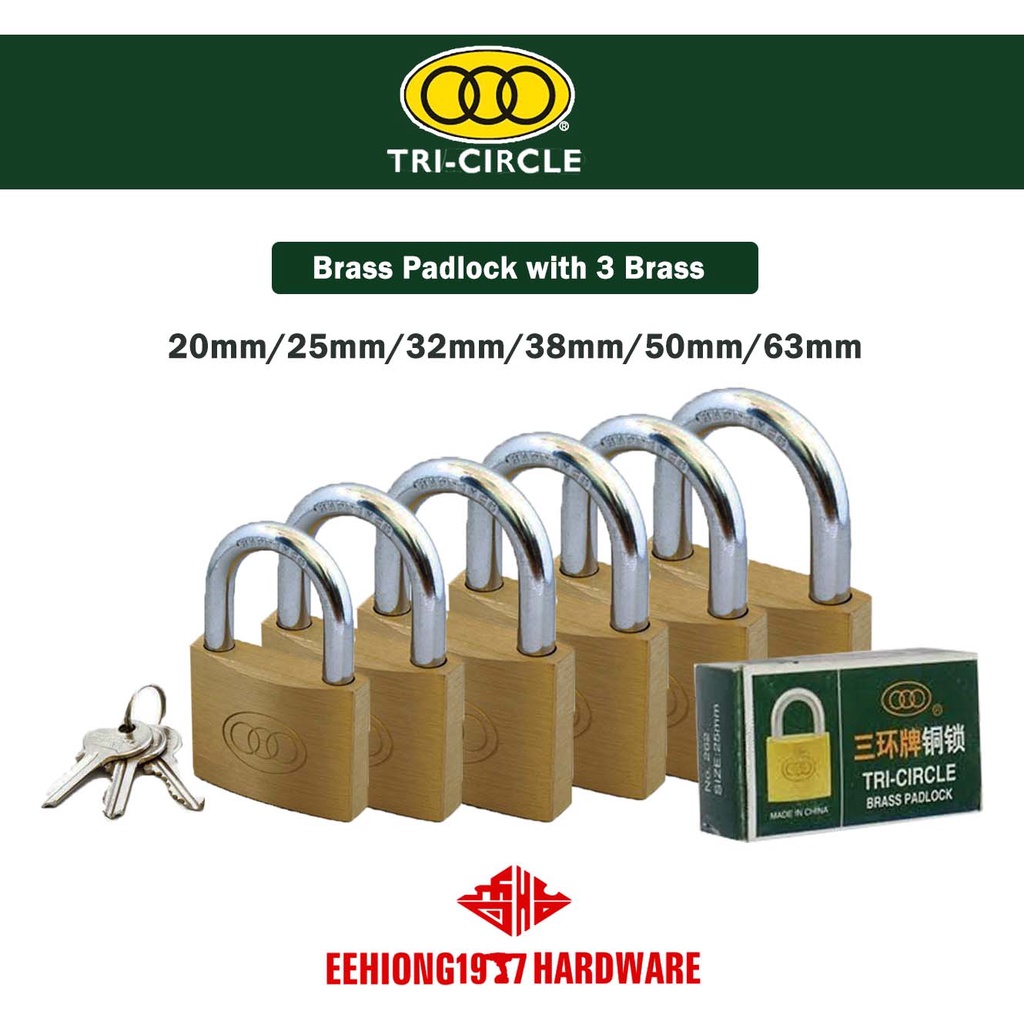 Tri-Circle 261 262 263 264 265 266 Brass Padlock + 3 Brass Key 20mm ...