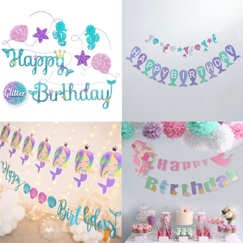 1set Crown Mermaid Banner Glitter Happy Birthday Banner Under the Sea ...