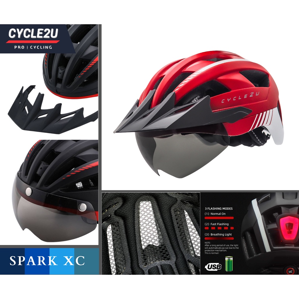 🔥Ready Stock🔥 CYCLE2U SPARK XC LED Backlight Cycling Helmet Basikal ...