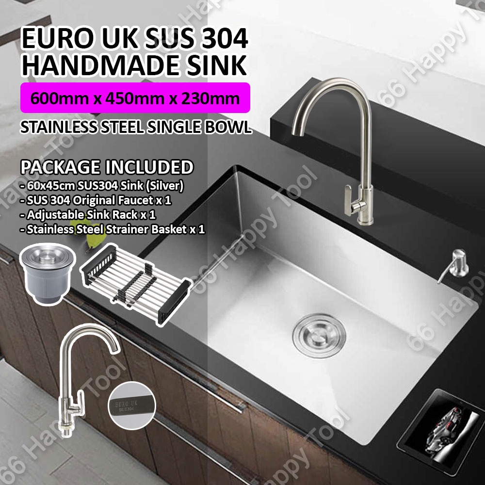 60cm x 45cm Kitchen Sink Single Bowl Stainless Steel SUS304 Undermount ...