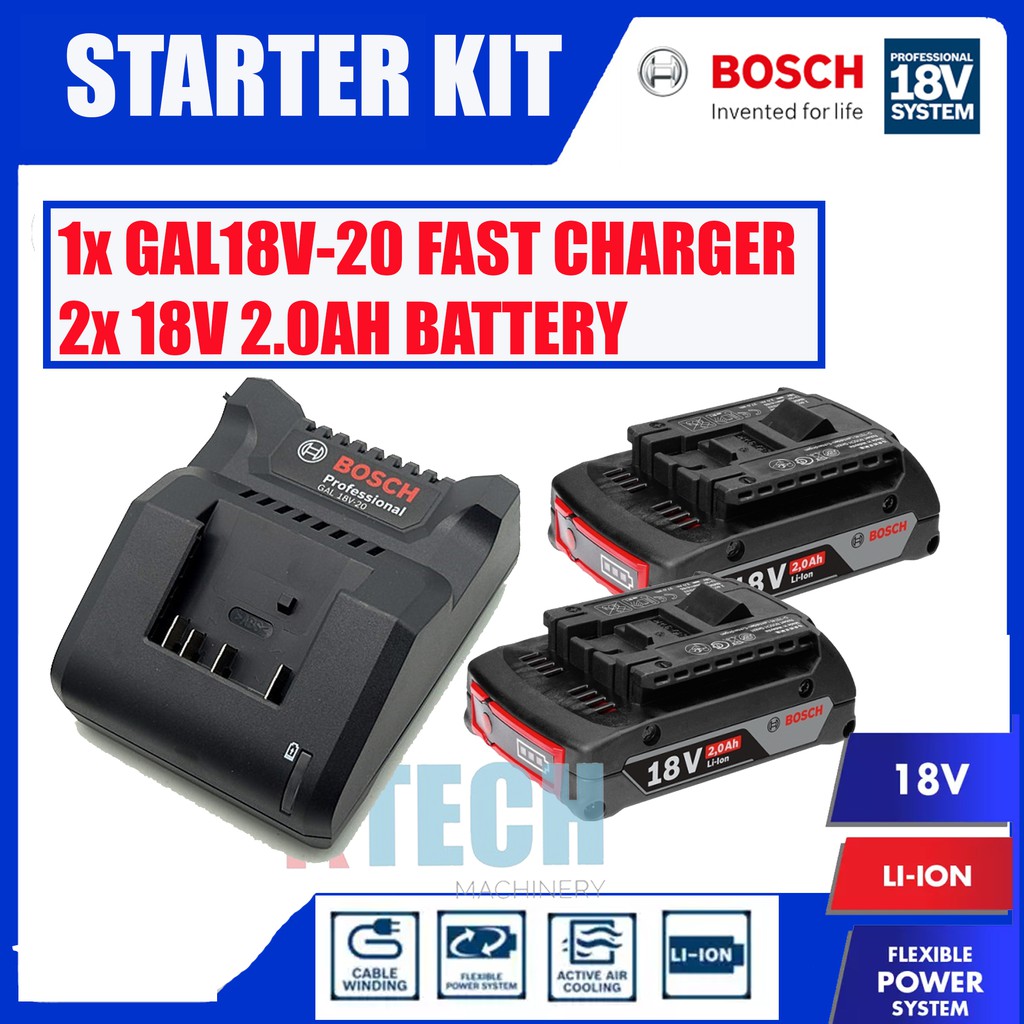 BOSCH 18V STARTER KIT C/W GAL18V-20 FAST CHARGER + 2X 18V 2.0AH BATTERY | Shopee Malaysia