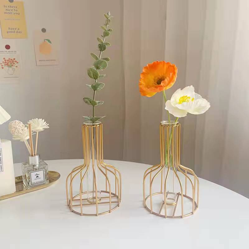 nordic matal vase with glass tube Nordic Style Golden iron vase for ...