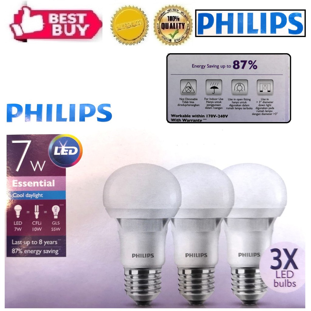 (3Pcs Package) - [7W] Essential LED Bulb (6500K Daylight/3000K Warm White) (540LM) (E27 ...