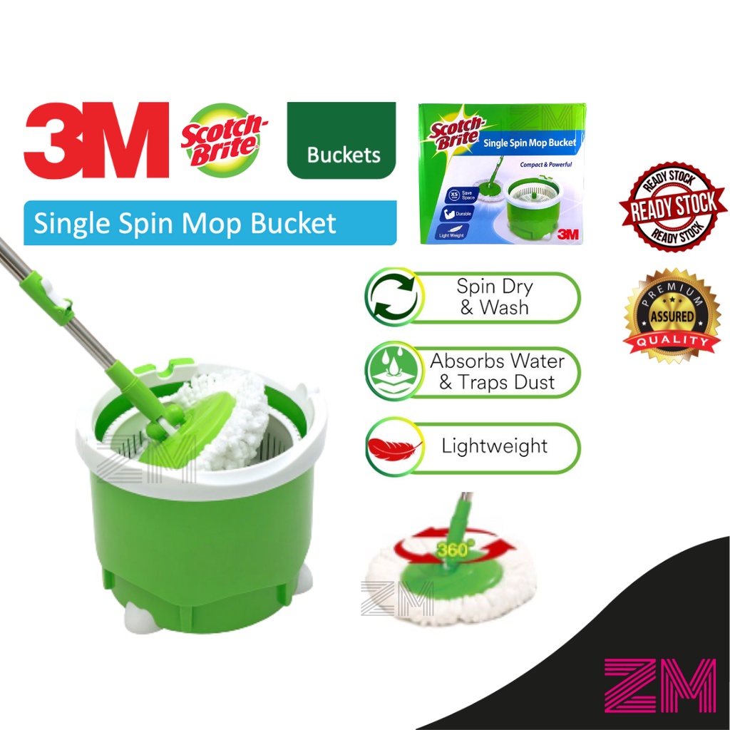 3M Scotch Brite Single Spin Mop Bucket Set - Lightweight Long Handle ...