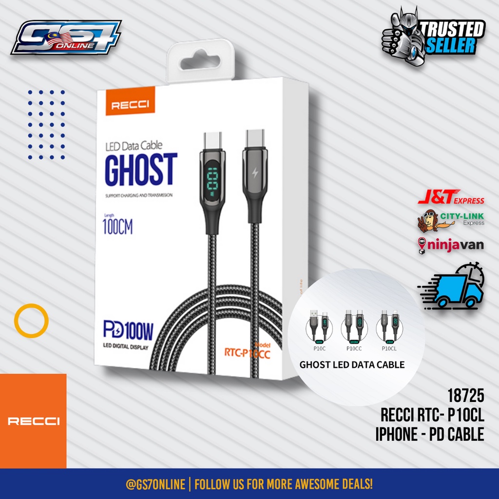 Recci Rtc P10c Cc Cl Ghost Led Digital Display Type C Pd Cable 100w 1m