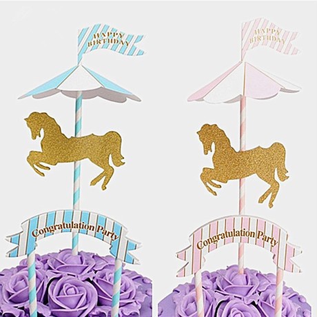Carousel Theme Cake Topper Card Children Birthday Full Moon Cupcake ...