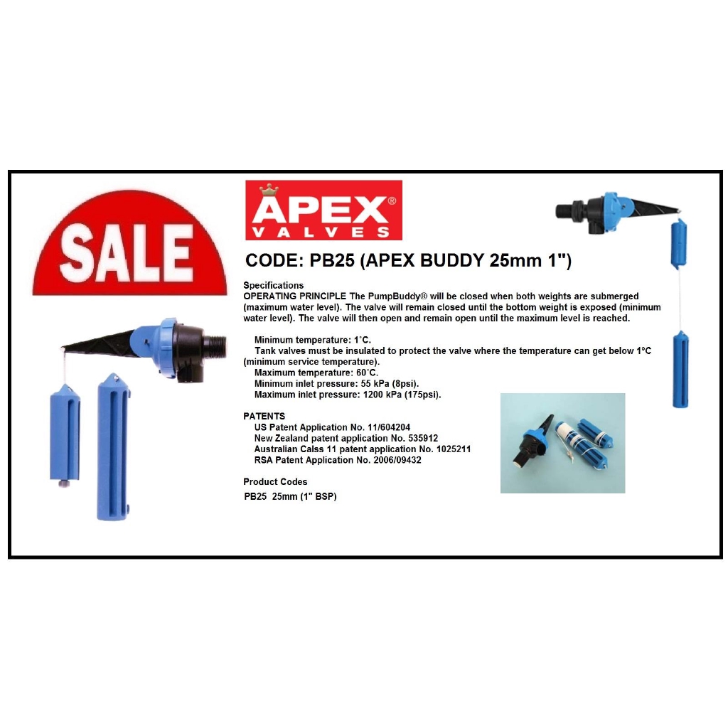 APEX VALVE 1" 25MM PUMP BUDDY / Rain Water Harvesting System Part Fill ...