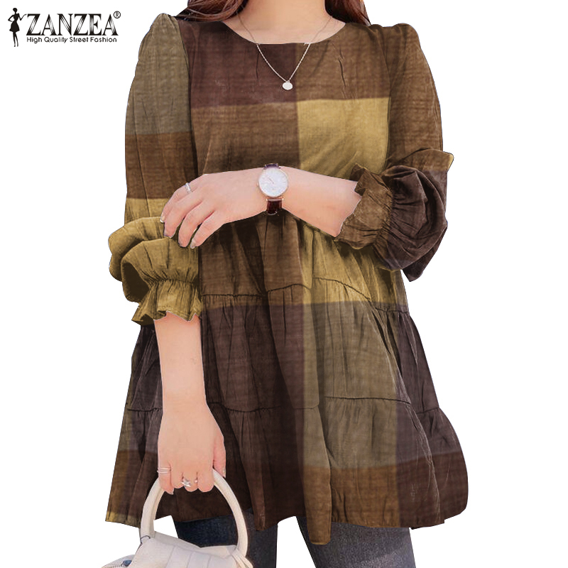 Zanzea Women Vintage Long Puff Sleeve O Neck Plaid Printing Spliced