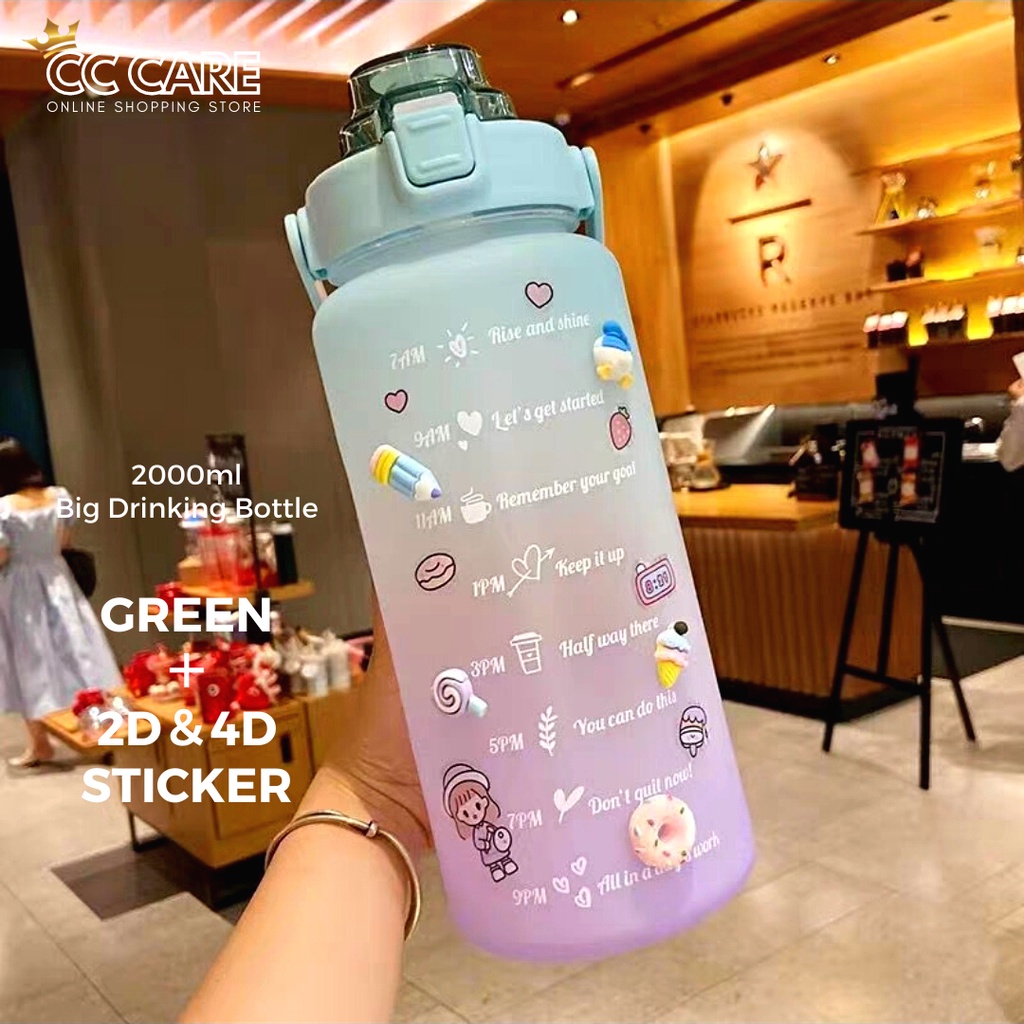 2 Litre 2000ml BIG Drinking Water Bottle with Straw Food Grade Gradient ...