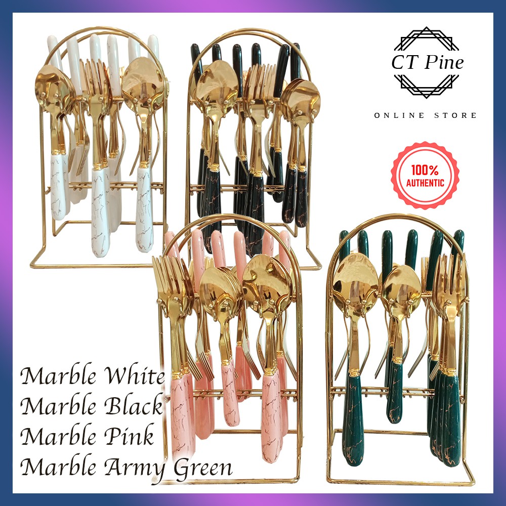 Zhifa 24pc Stainless Steel Fork and Spoon Set with Gold Plated Rack ...