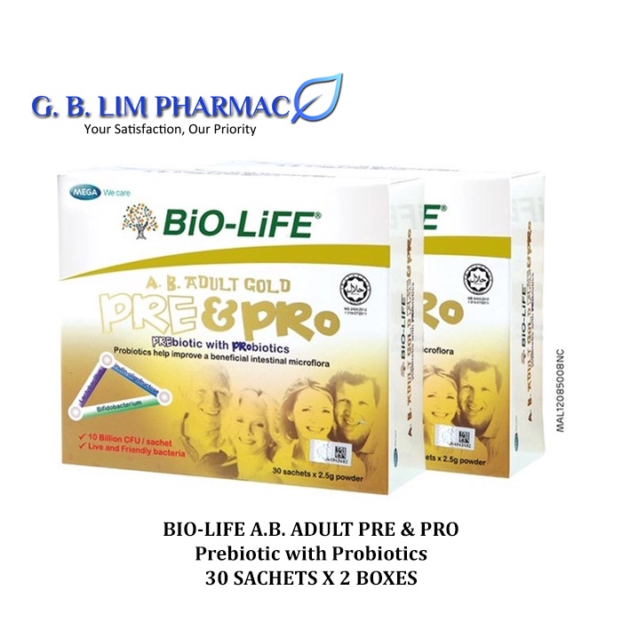 BIO-LIFE A.B. ADULT GOLD PREBIOTIC WITH PROBIOTICS 30 SACHETS X 2 BOXES ...