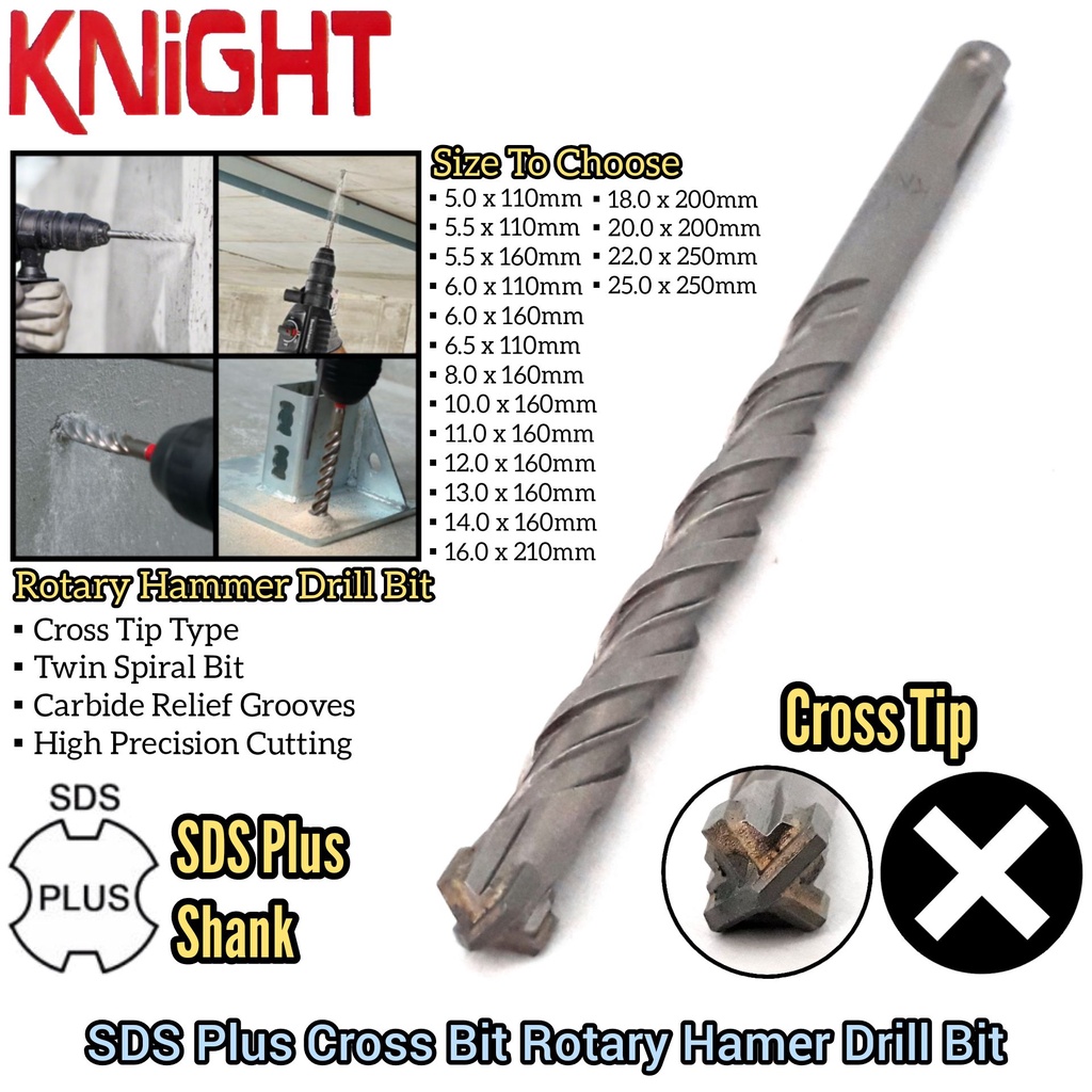 KNIGHT SDS Plus Cross Tip Rotary Hammer DIY Concrete Cement Wall Drill ...