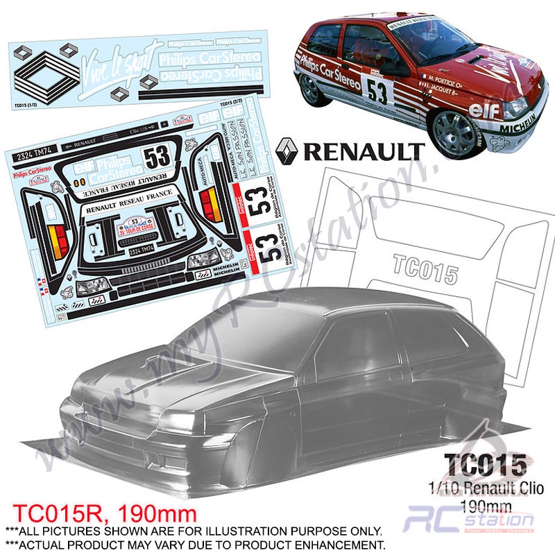 Team C Body Shell 1/10 Clear Body TC015 Renault Clio (Width 190mm ...