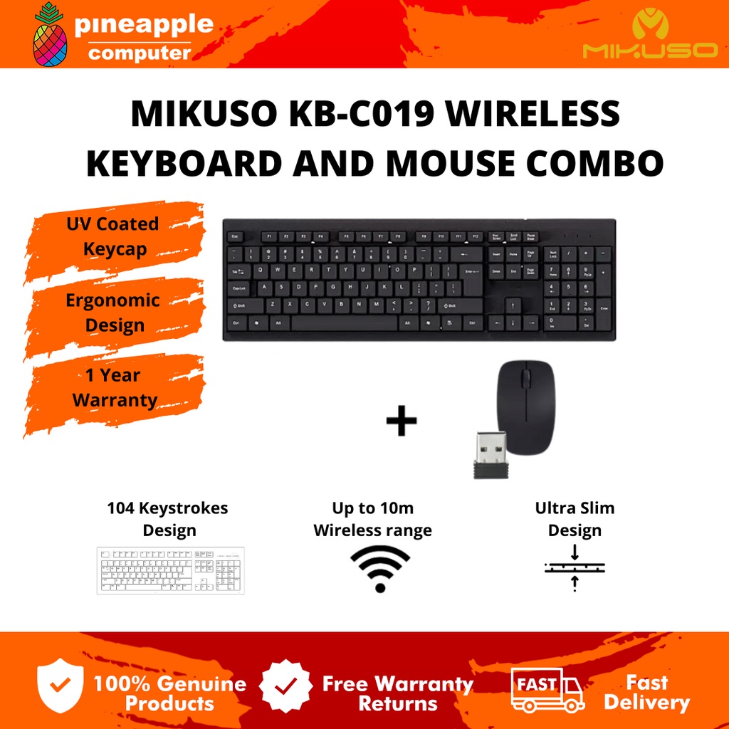 Mikuso KB-C019 2.4GHz Wireless Keyboard and Mouse Combo, 104 keys for Office / Home, Adjustable ...