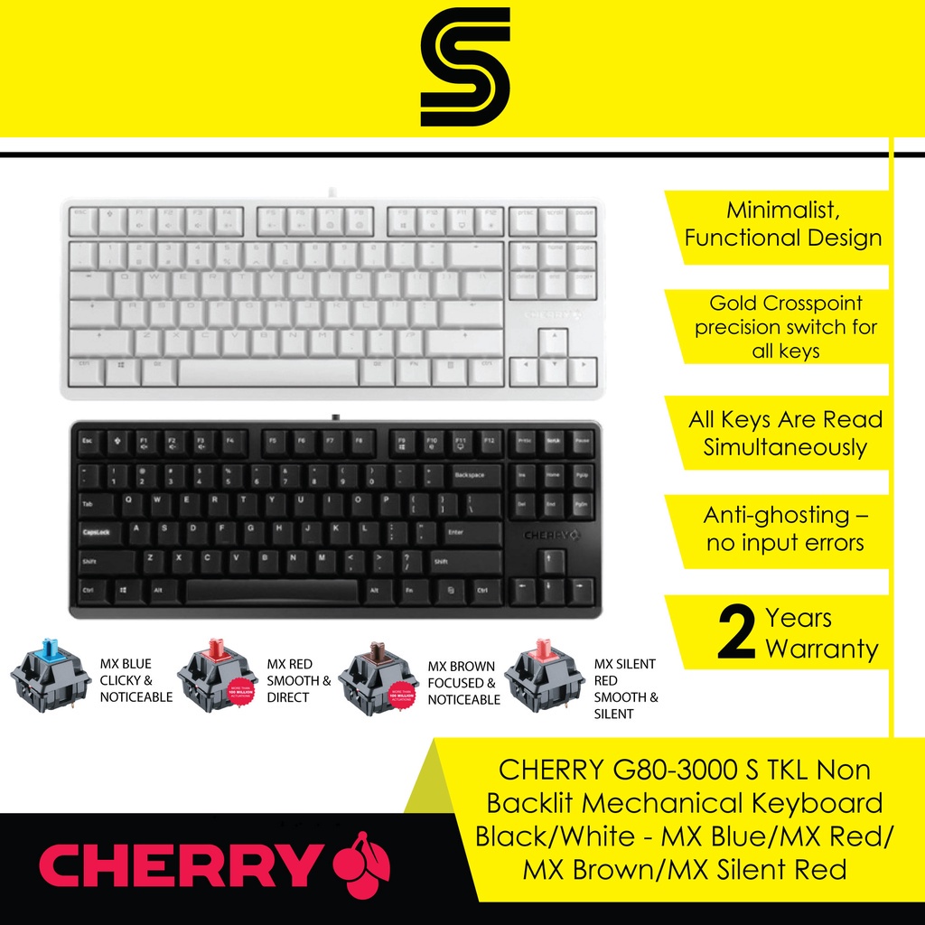 Cherry G80-3000 S TKL Non Backlit Mechanical Keyboard - Black/White - MX Blue/MX Red/MX Brown/MX ...