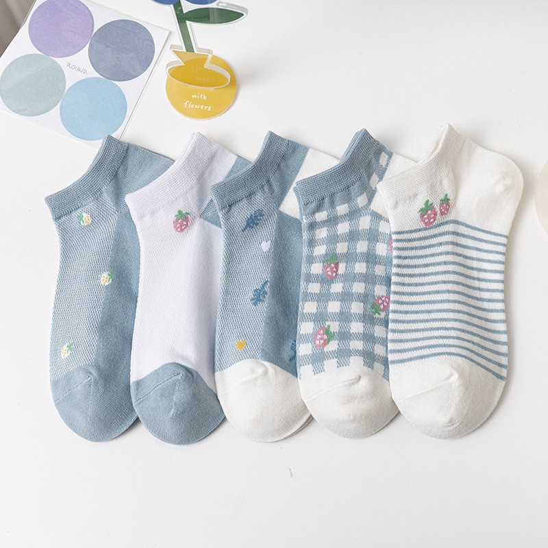 5 Pairs Blue Strawberry Series Socks Cute Ins Japanese Style Socks ...