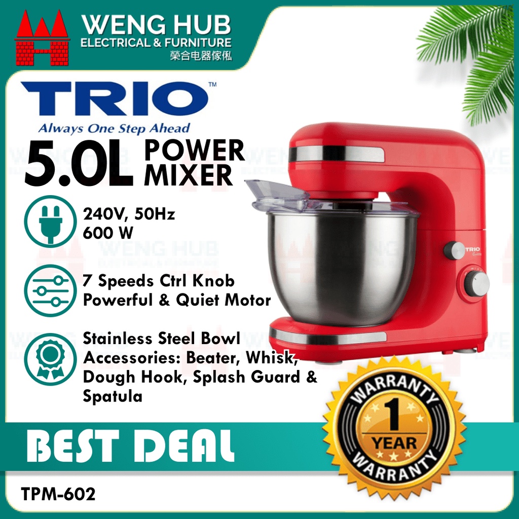 Trio 5L Powerful Stand Mixer with Stainless Steel Bowl TPM-602(RD ...