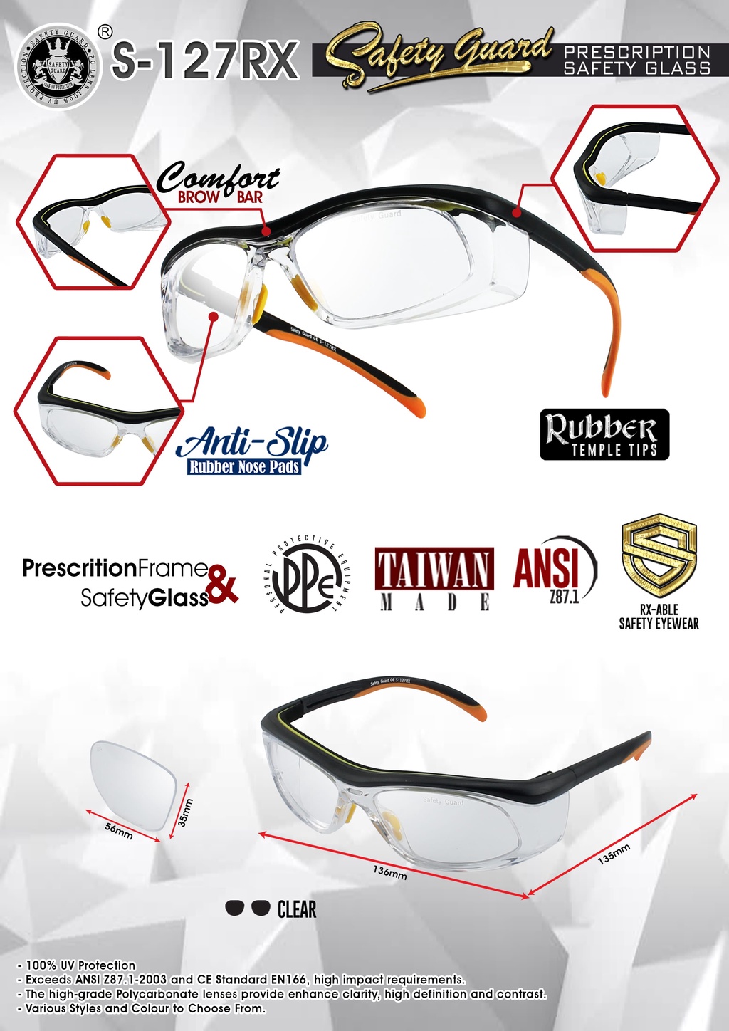SAFETY GUARD SAFETY GLASSES/ EYE PROTECTION (S-127) - REMOVABLE LENS ...