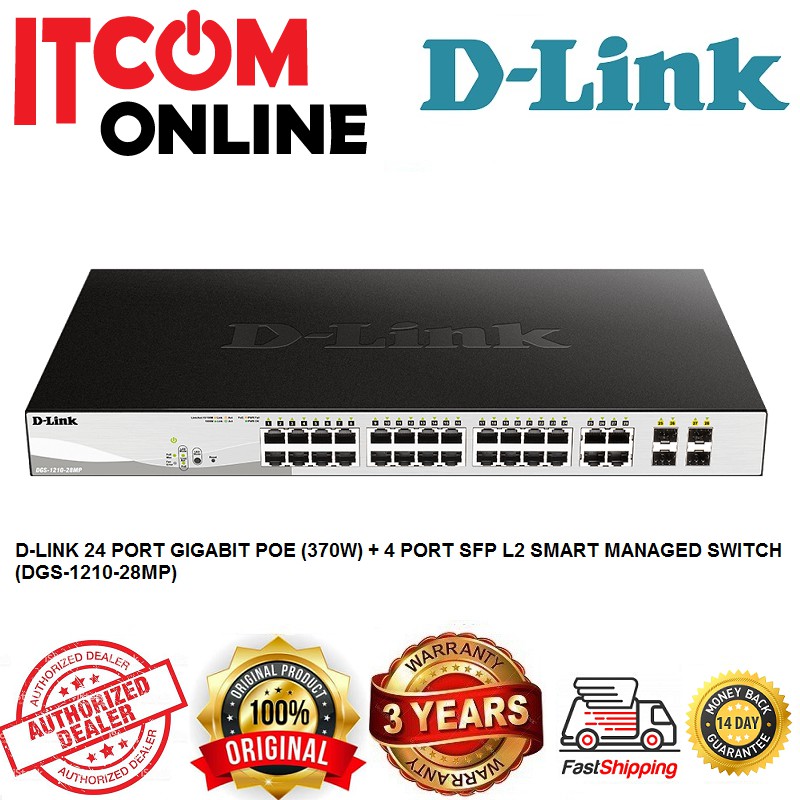 D-LINK 24 PORT GIGABIT POE (370W) + 4 PORT SFP L2 SMART SWITCH (DGS ...