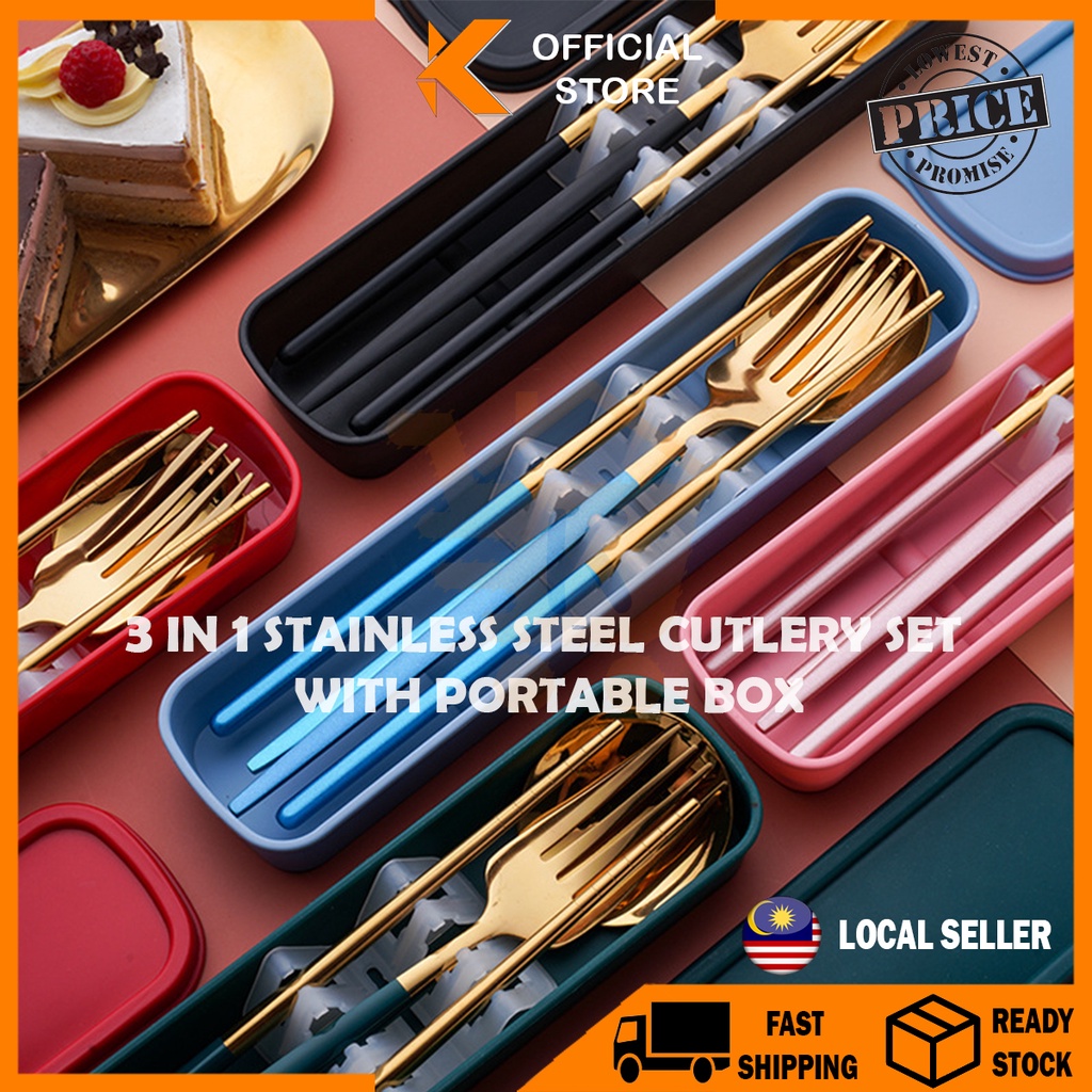 【K-Home】3 in 1 Stainless Steel Cutlery Set with Box Portable Spoon Fork ...