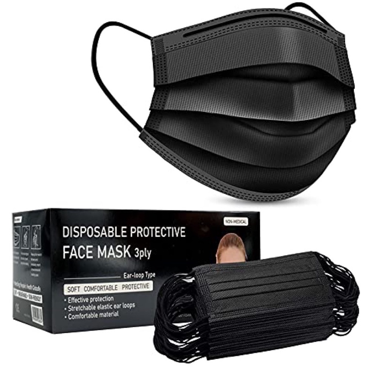 Black Face Mask Disposable 3 ply 50pcs with box Non-Medical Mask Hitam ...