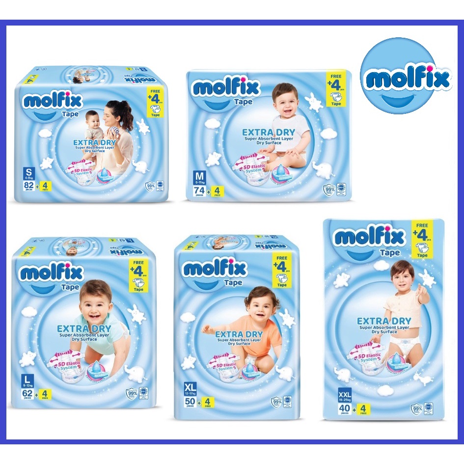Molfix Extra Dry Diapers Tape NB60/S80/M60/L58/XL50/XXL40 Lampin Bayi ...