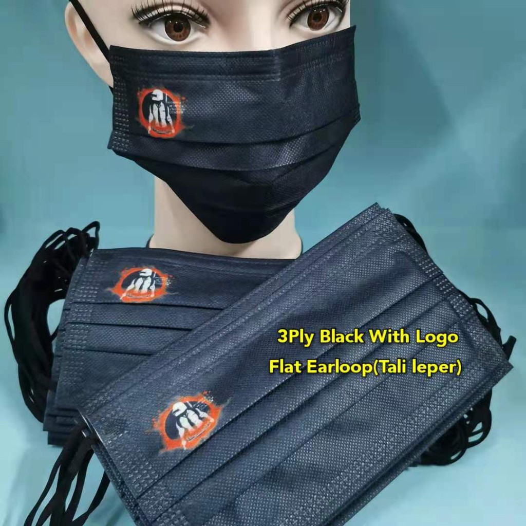 Tali Leper 3ply Earloop Full Black Face Mask 4ply Mask Hitam Full Black ...