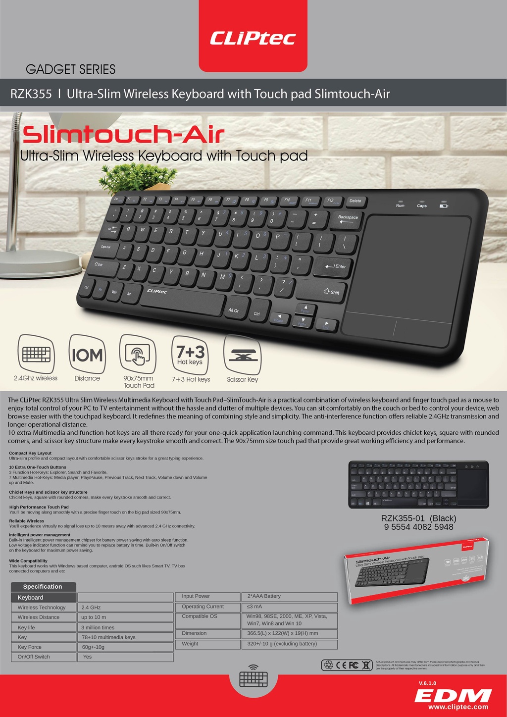 CLiPtec RZK355 SLIMTOUCH-AIR Ultra-Slim Wireless Keyboard with Touchpad ...