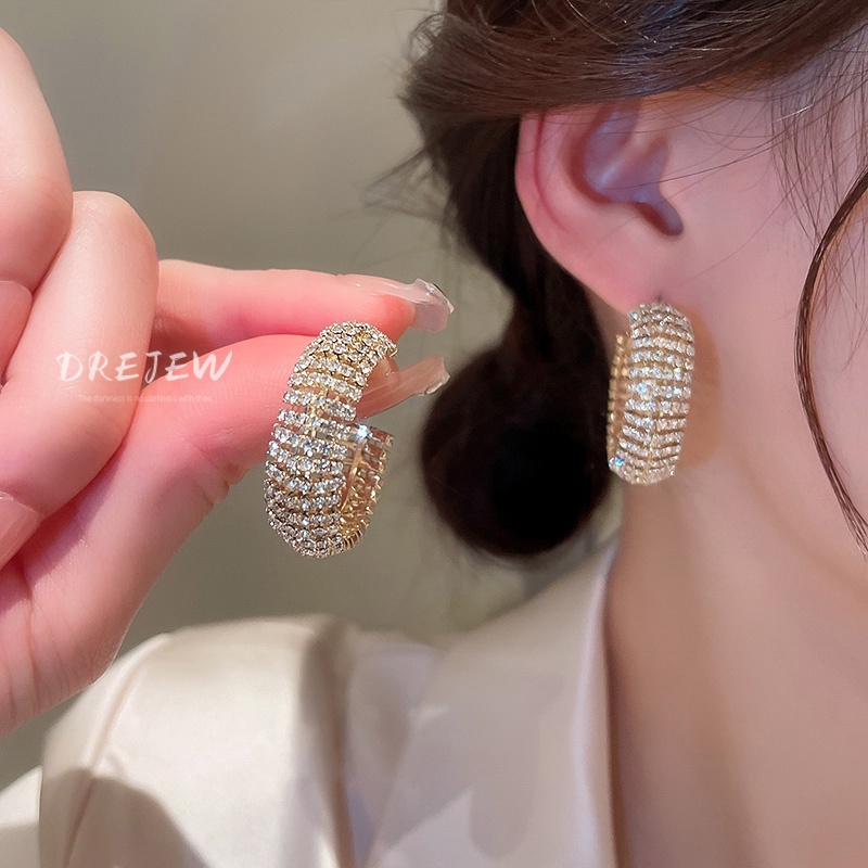 Silver Needle Diamond C-Shaped Earrings European American Fashion Trend ...