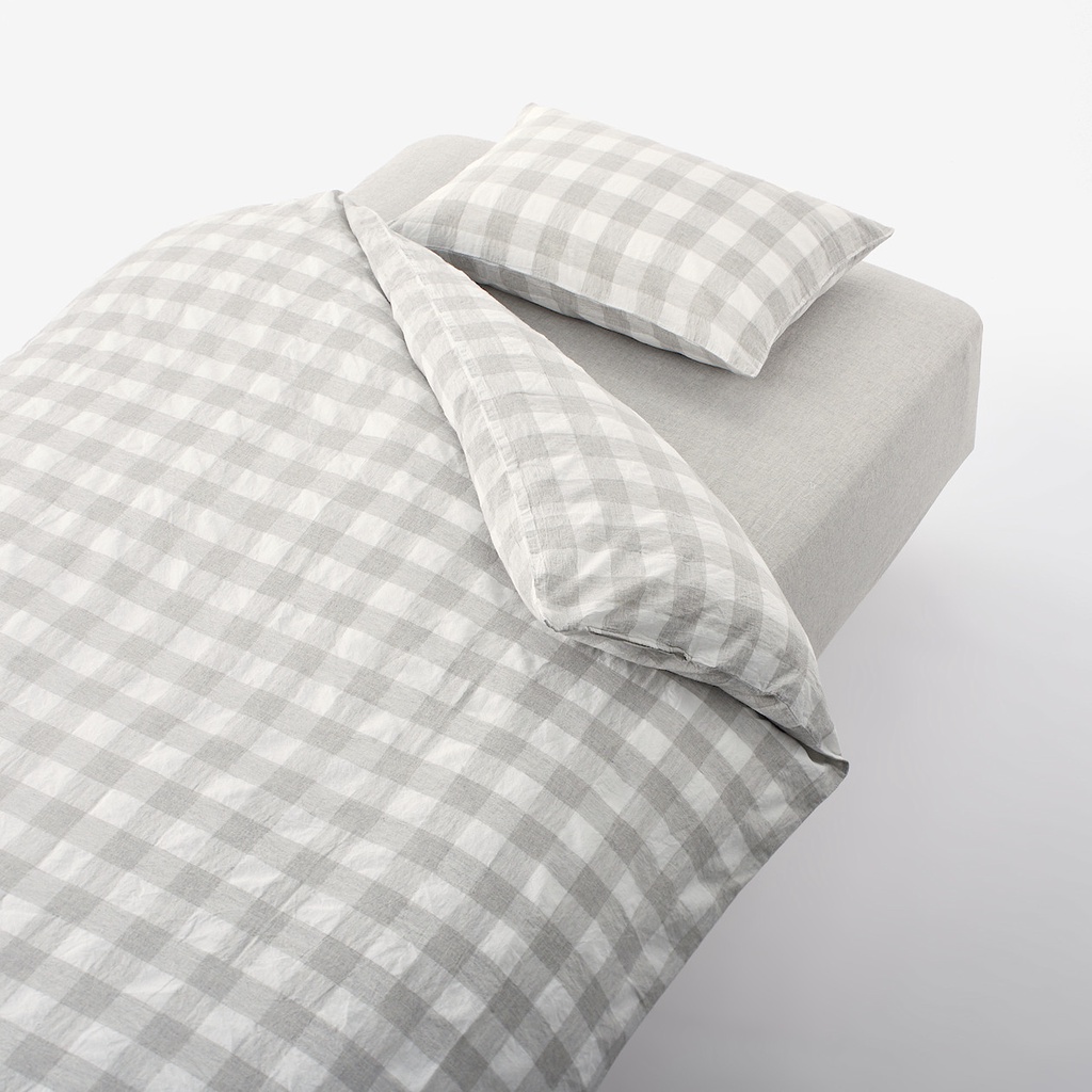 MUJI Bedding Item / Cotton Cover Set for Bed / Grey x White Check ...