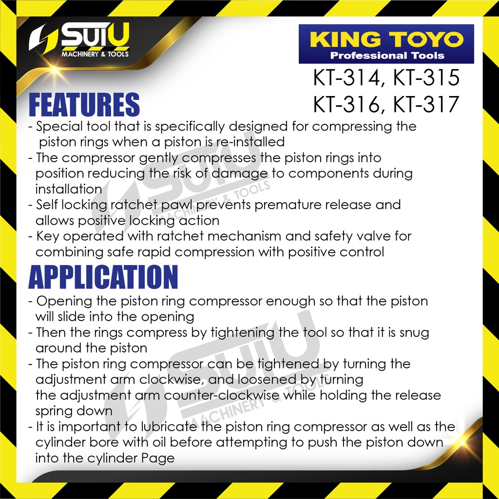 KING TOYO KTPRC-01 / KT-314 / KT-315 / KT-316 / KT-317 3"-6" Piston Ring Compressor (53-175MM ...