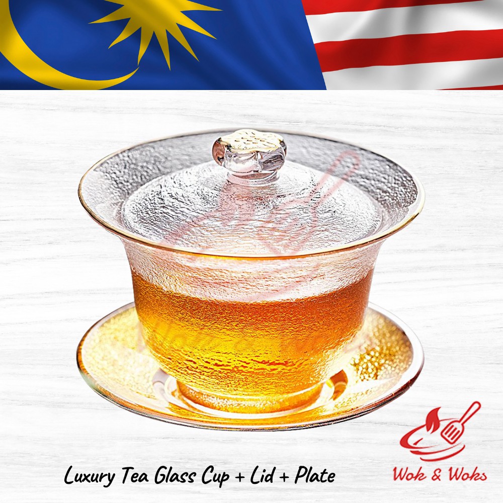 Luxury Matte Tea Glass Cup With Plate & Lid / Cawan Kaca Kasar Teh ...