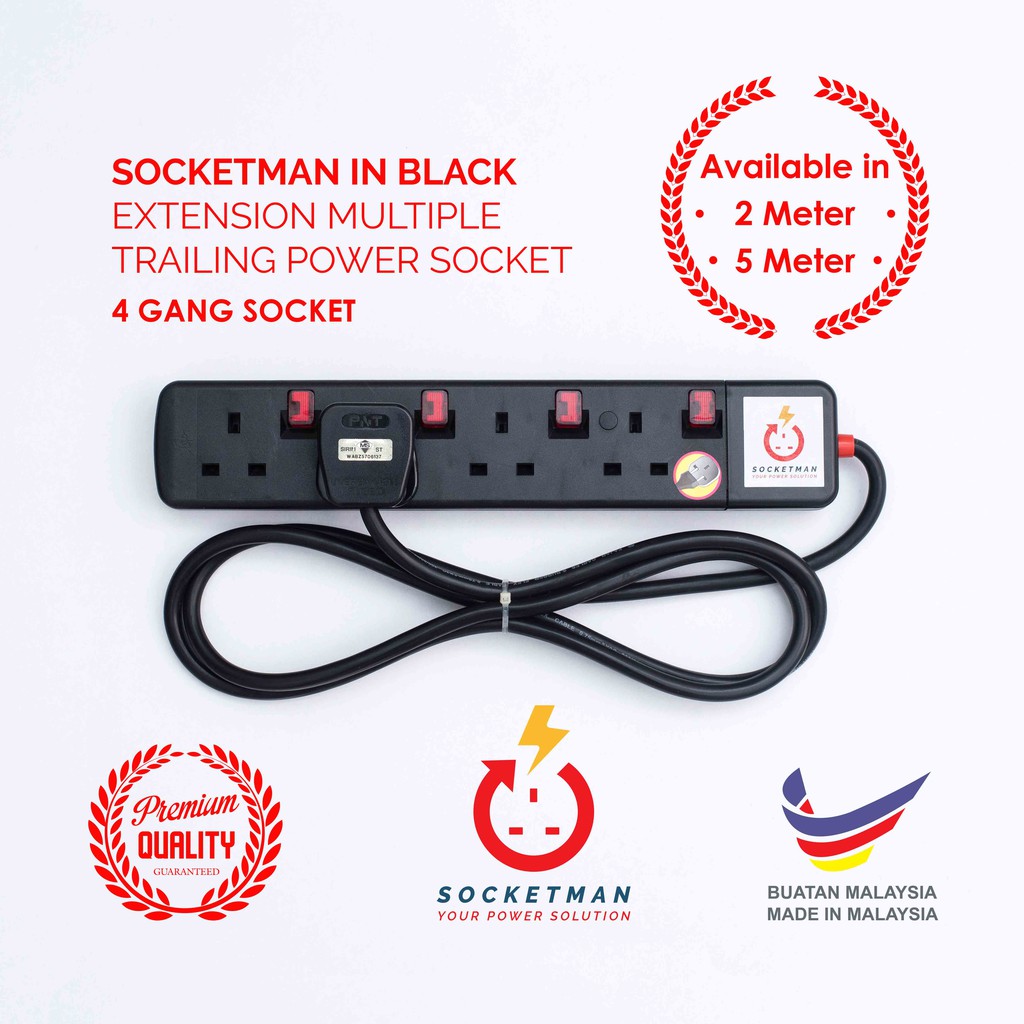 SocketMan In Black - 4 Gang/Way Extension Multiple Trailing Power Socket with 2/5 Meter Cable ...